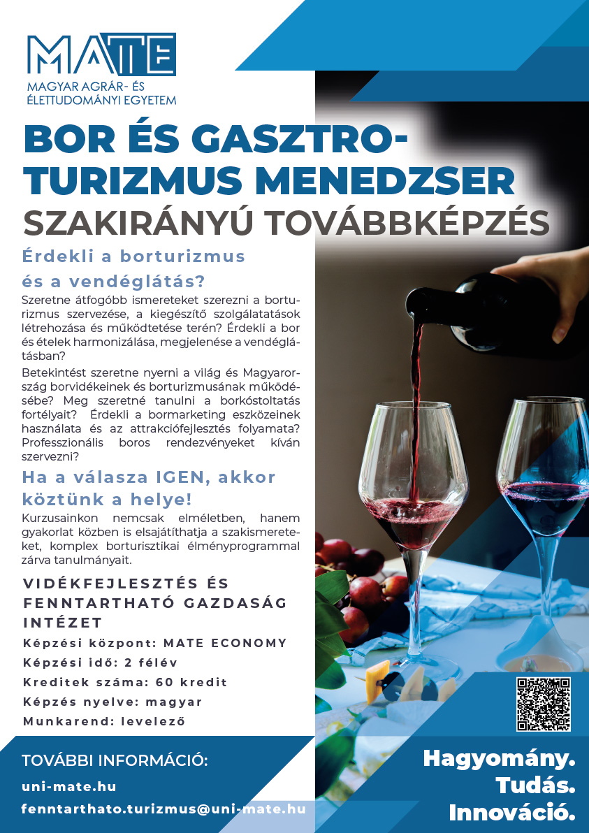 Bor- és gasztroturizmus menedzser - Vidékfejlesztés és Fenntartható Gazdaság Intézet - MATE